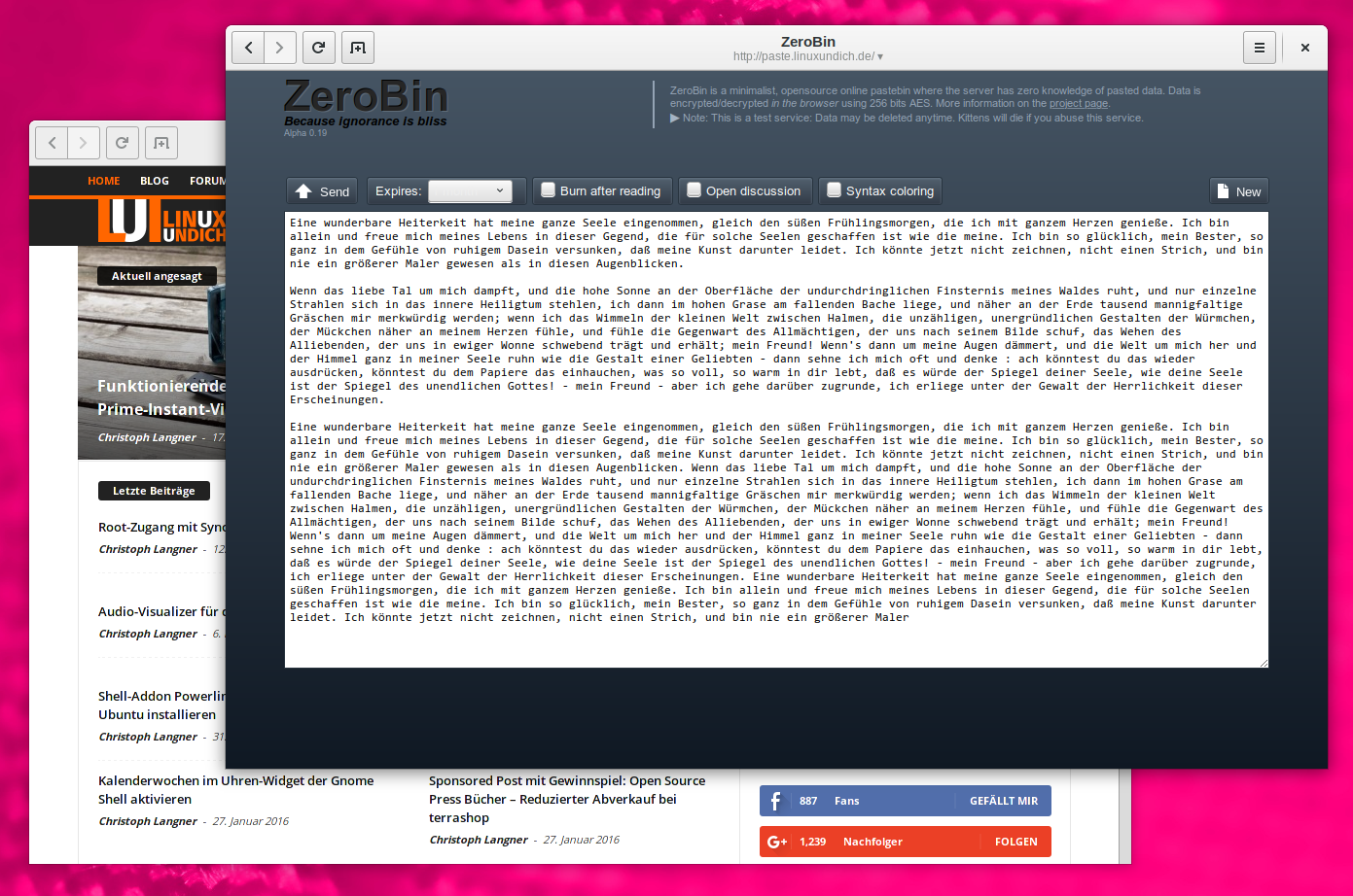 Verschlüsselte PasteBin-Alternative ZeroBin – Linux und Ich